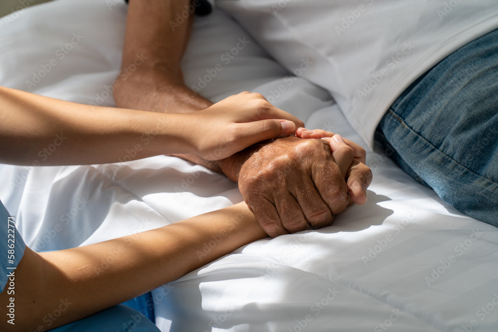 The nurse holds the hand of the elderly patient on the bed ...