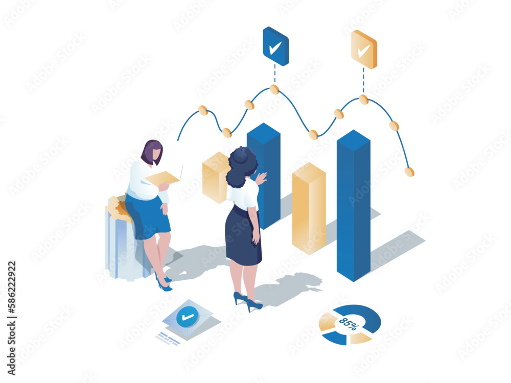 Line graph concept 3d isometric web scene. People working with data ...