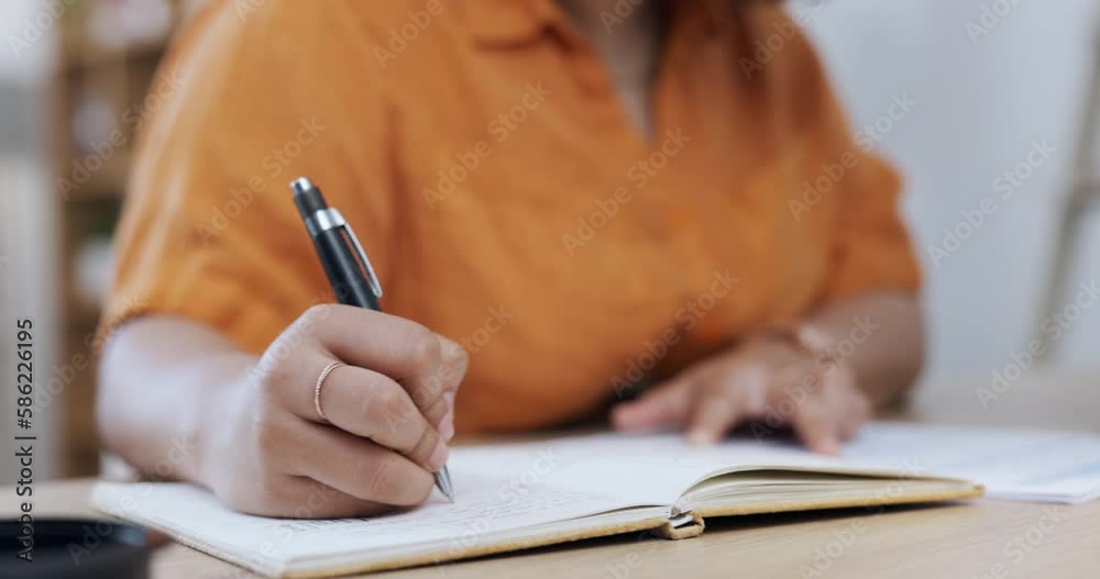 Closeup, hand and notebook for planning, employee and inspiration for ...