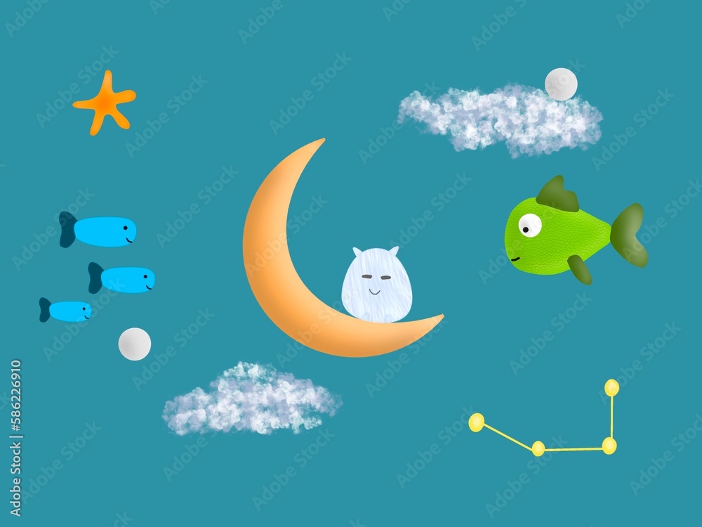 Cute mouse sitting on a moon in a dream world with flying fish and ...