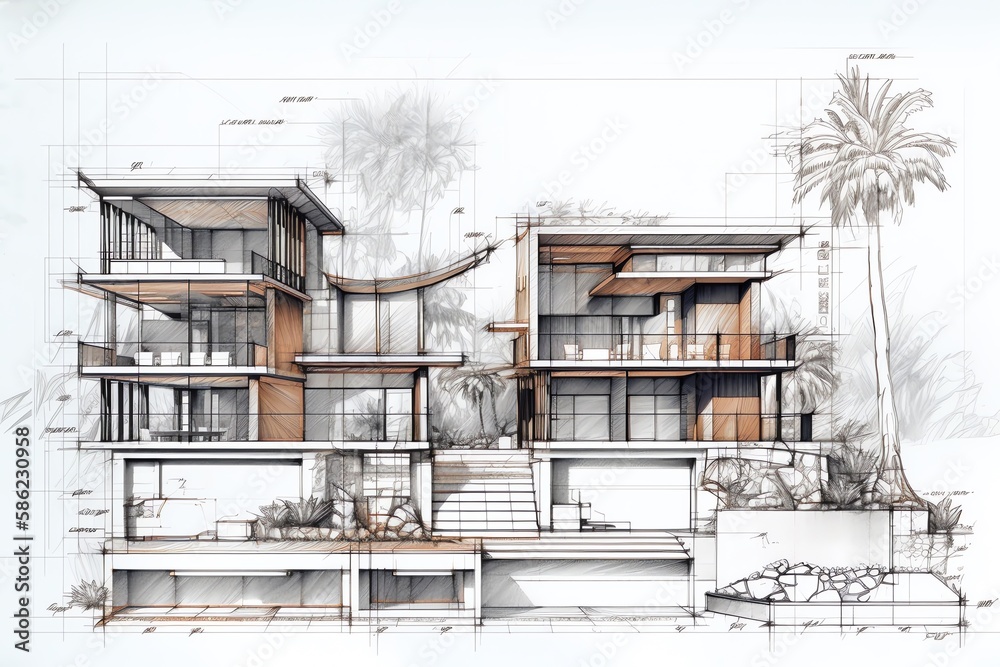 Sketch of modern cozy villa house on the white background. Design ...
