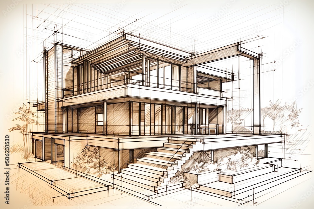 Sketch of modern cozy villa house on the white background. Design ...