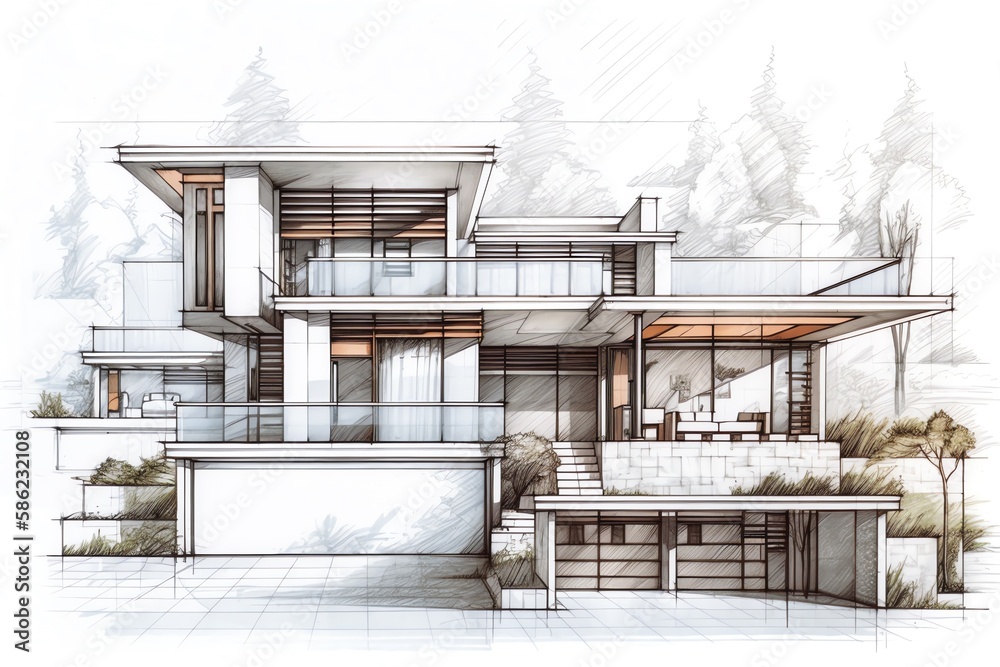 Sketch of modern cozy villa house on the white background. Design ...