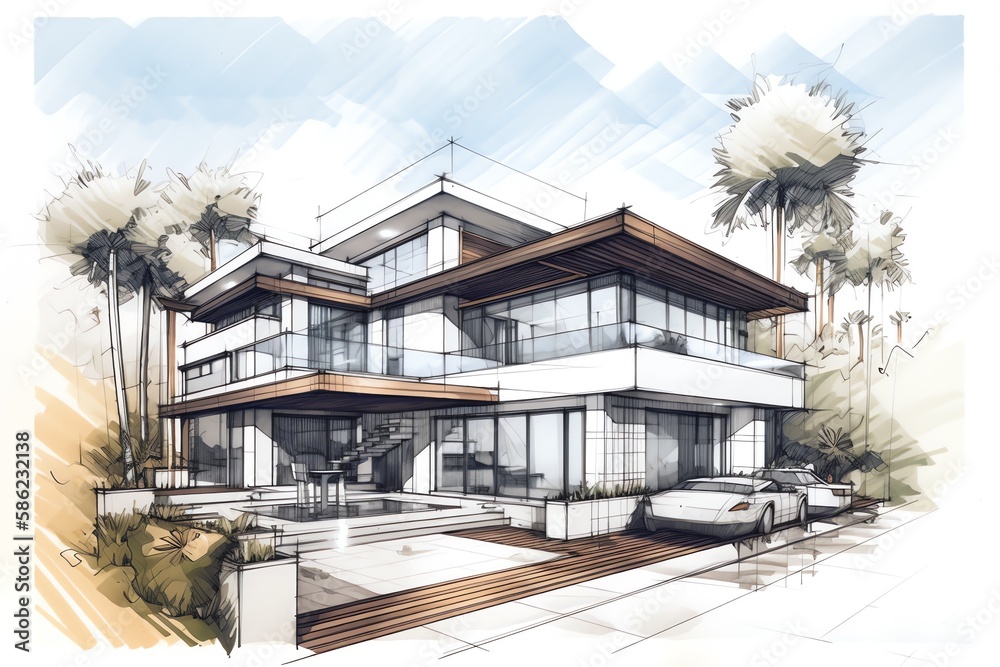 Sketch of modern cozy villa house on the white background. Design ...