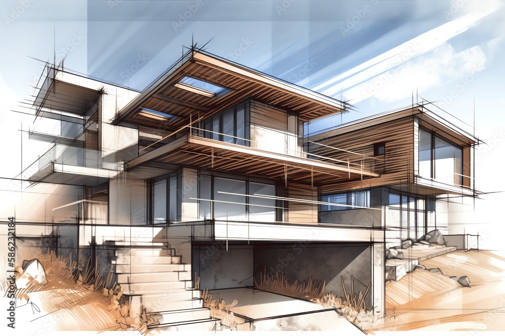 Sketch of modern cozy villa house on the white background. Design ...