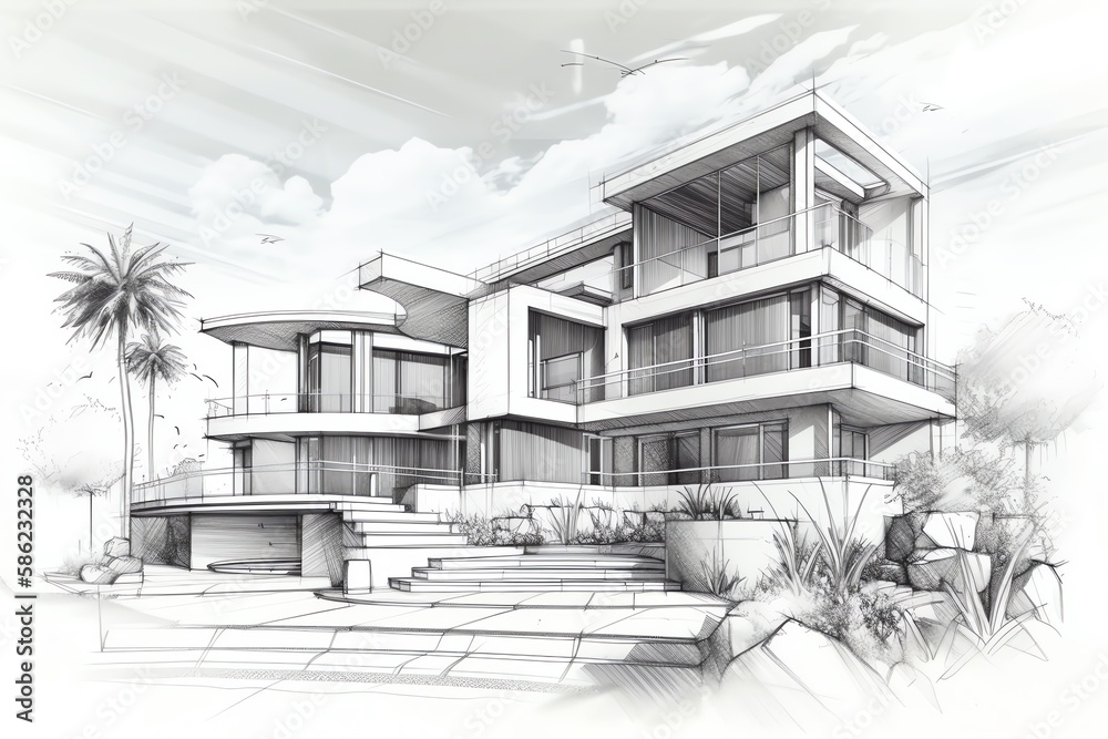 Sketch of modern cozy villa house on the white background. Design ...