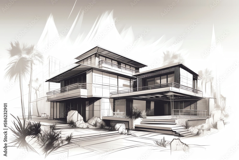Sketch of modern cozy villa house on the white background. Design ...