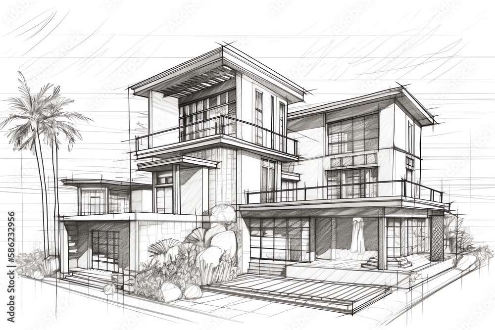 Sketch of modern cozy villa house on the white background. Design ...