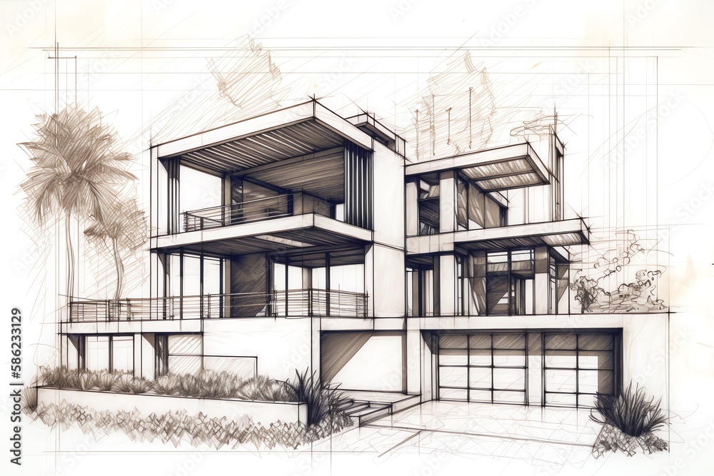 Sketch of modern cozy villa house on the white background. Design ...
