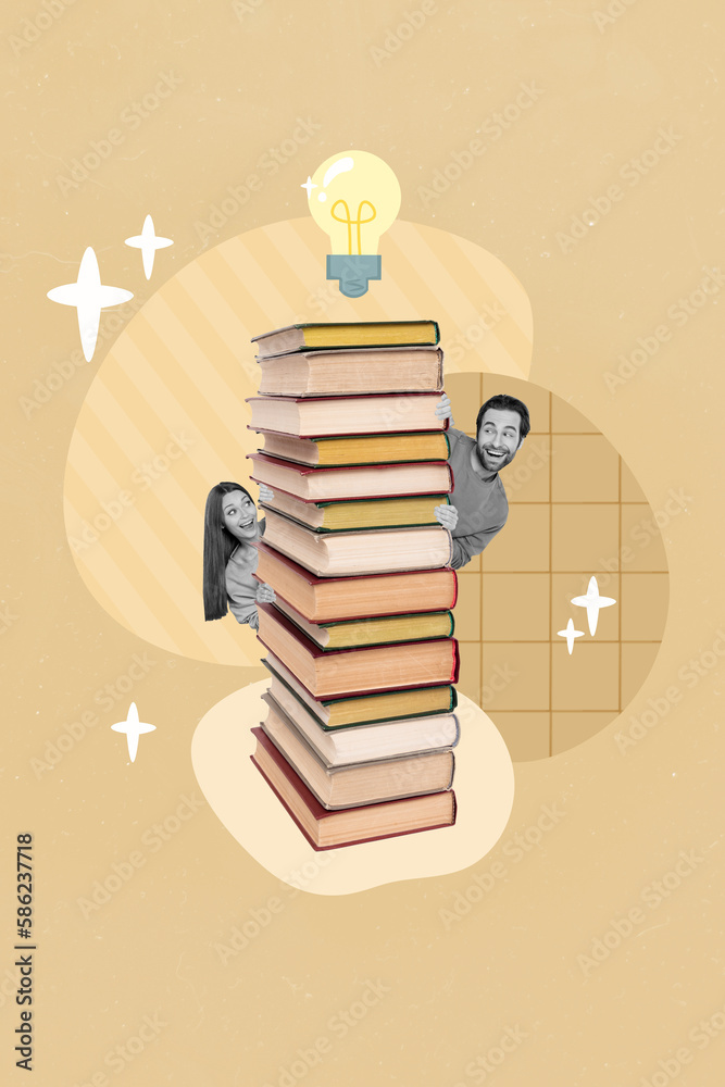 Girl ang guy playing hide and seek in big library hiding behind huge ...