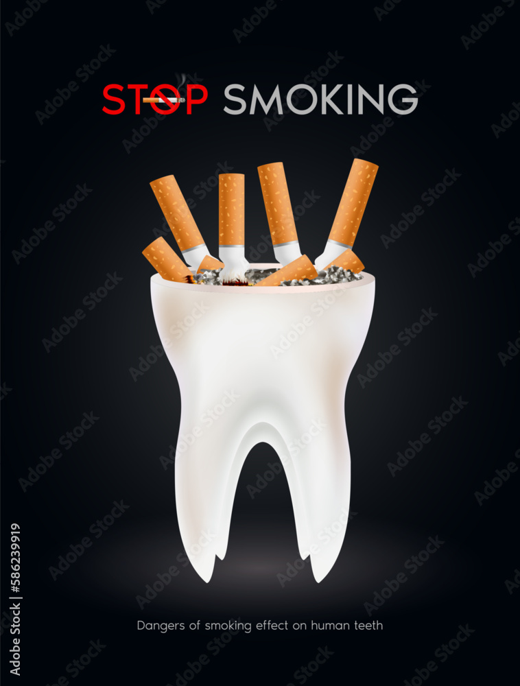 Ashtray teeth with cigarette. Dangers of smoking effect on human tooth ...