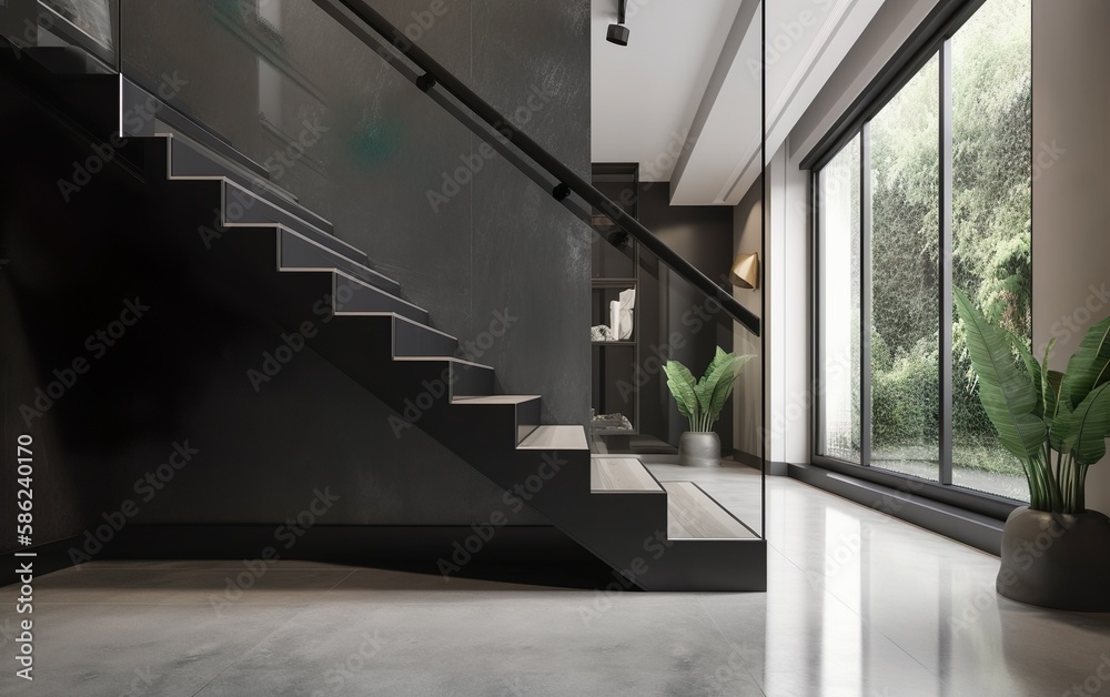 Modern, elegant black cement stone stair, corridor with window ...