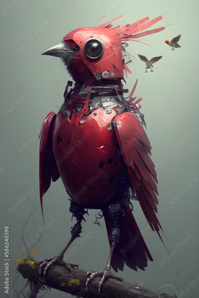 Mechanical robot image of a red bird, future, vintage style. AI ...