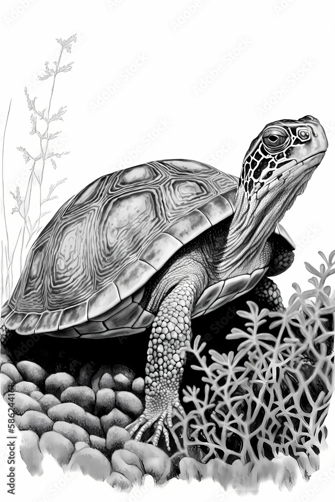 Box Turtle Ink Drawing In Splash of Inked Black and White Animal ...