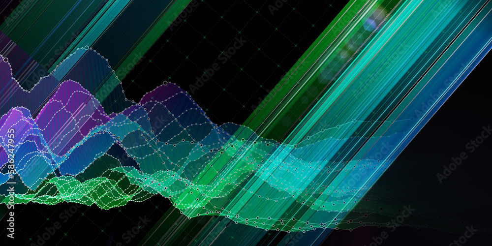 Abstract background noisy graph curved in a sinusoid data with blurred lines on dark. Big Data ...