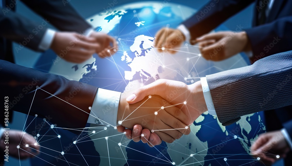 Teamwork of business people around the world through smart innovation ...