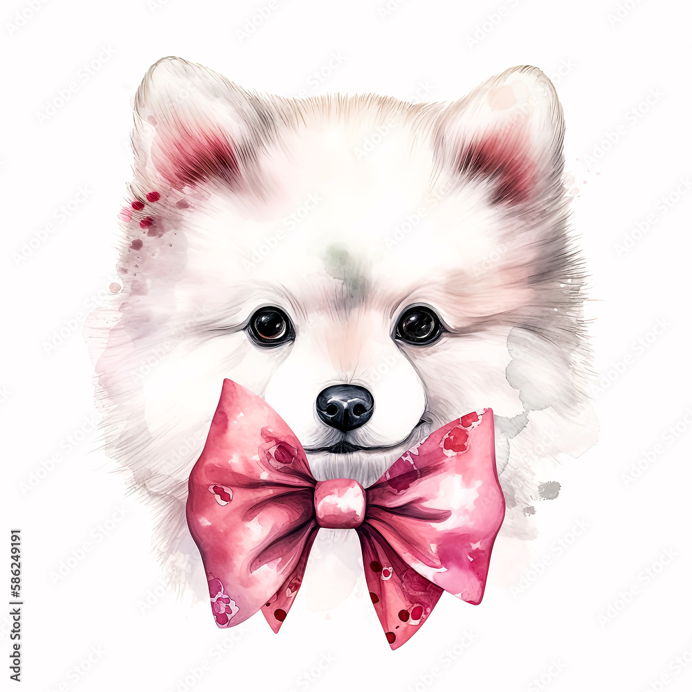 Puppy Love: A Sweet and Fun Samoyed in Watercolor with a Bow and ...