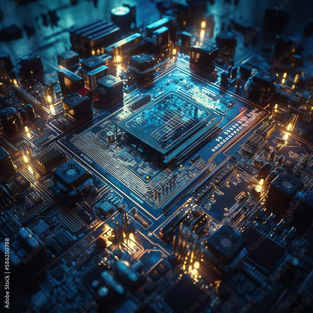 Closeup Cpu And Digital Circuit With Microchip Hardware And Information Technology Coding It