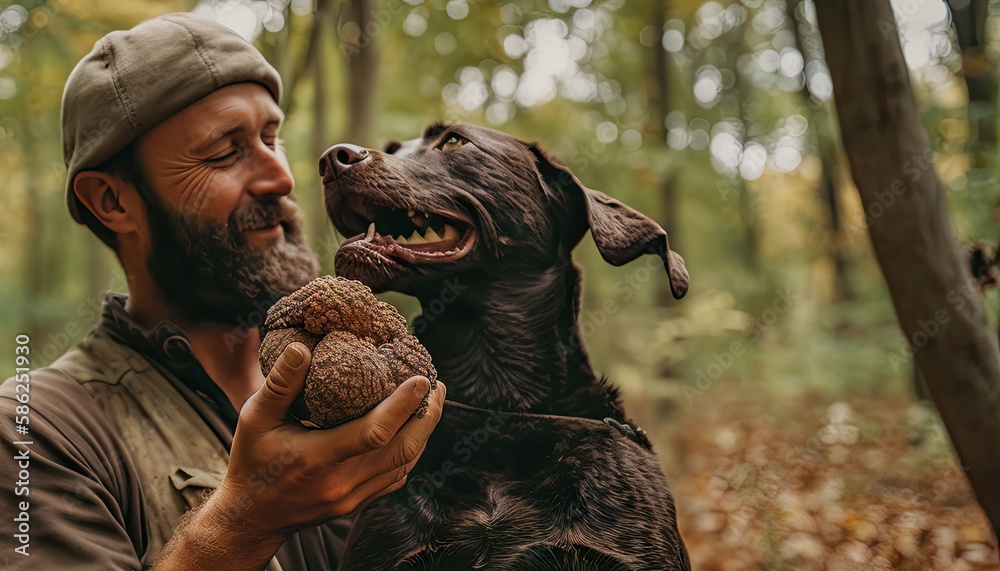 A truffle hunting poster with a man and a dog with truffles - Fictional ...