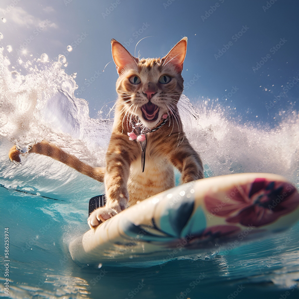 Happy cat surfing on a surf board on ocean wave. Summer vacation ...