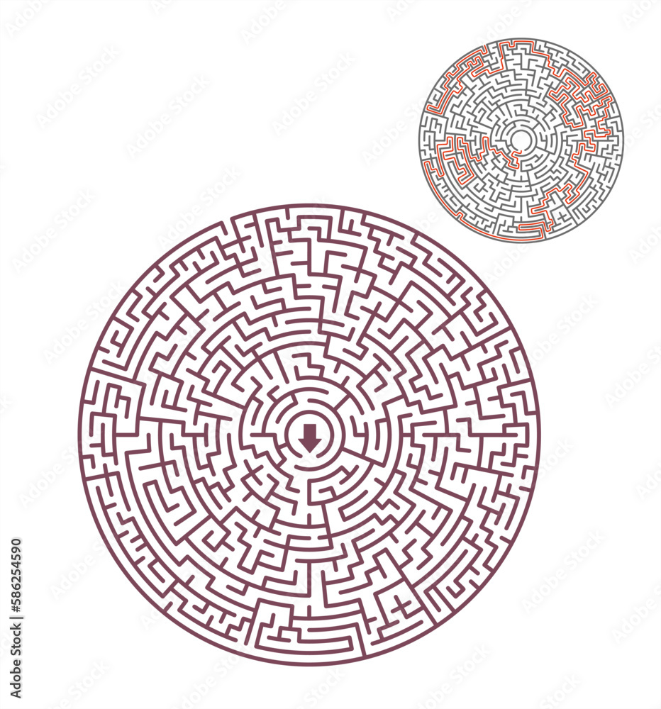 Difficult circle maze. Hard round vector labyrinth.Education puzzle ...