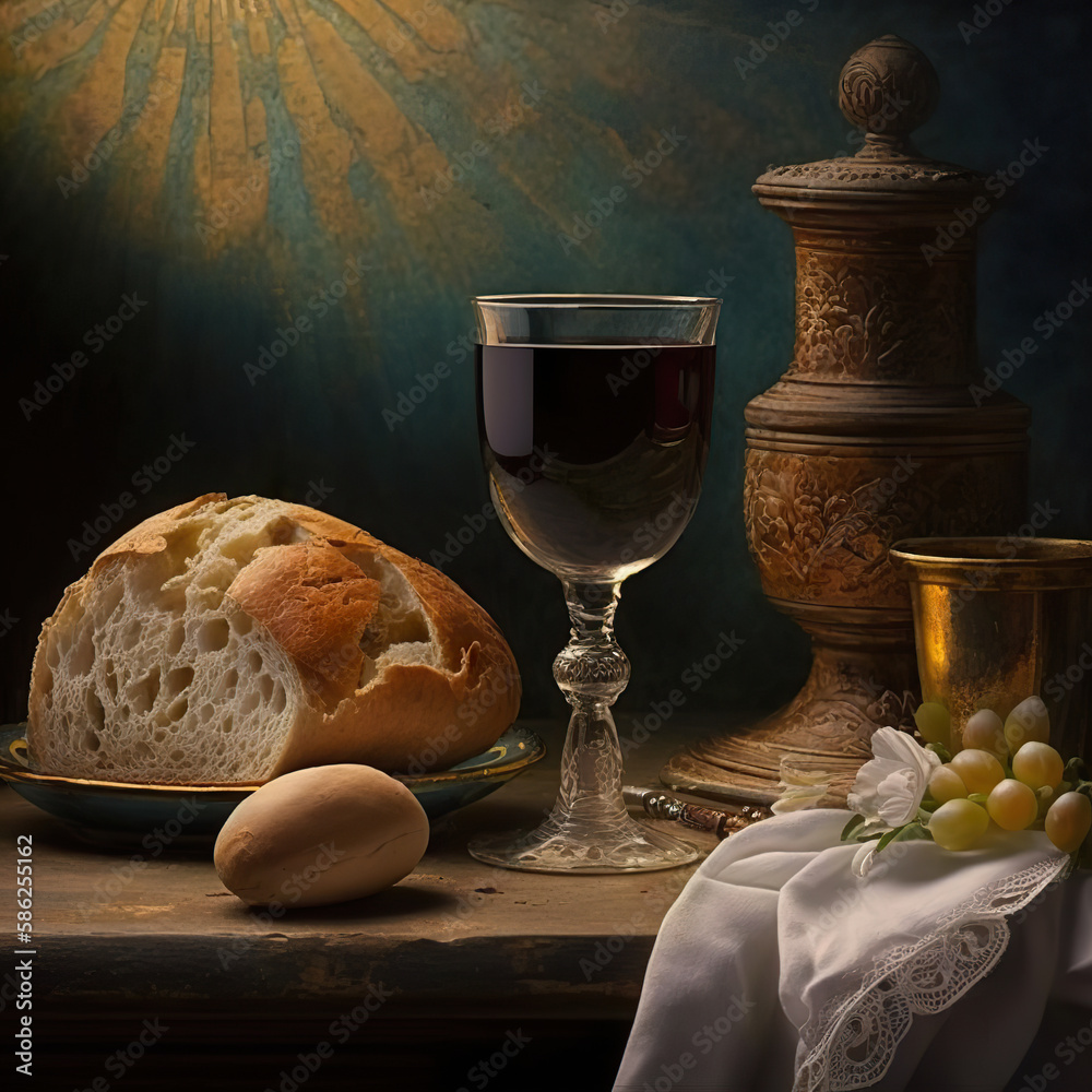 Holy communion last supper bread and wine and bible. Concept or ...