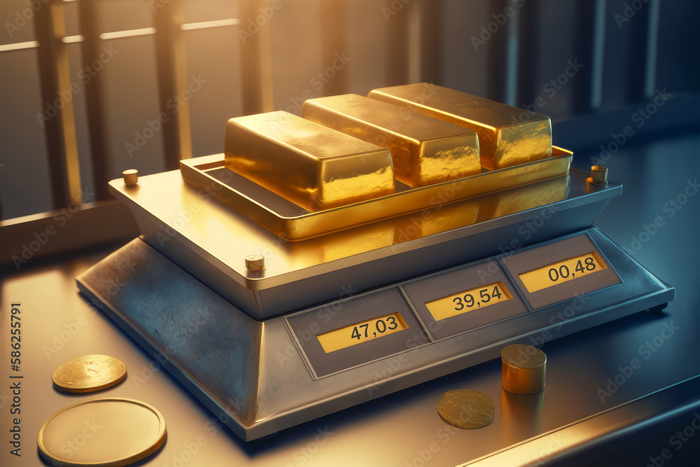 Fine gold on the scales in storage. Weighing gold, industrial scales ...