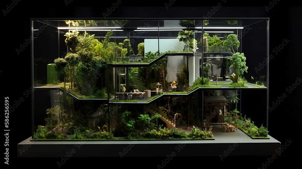 Futuristic diorama of a large multi-story house with lots of nature and ...