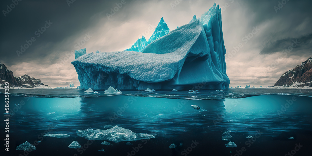 Big iceberg in the ocean. Huge glacier wall. Unusual shapes and ...