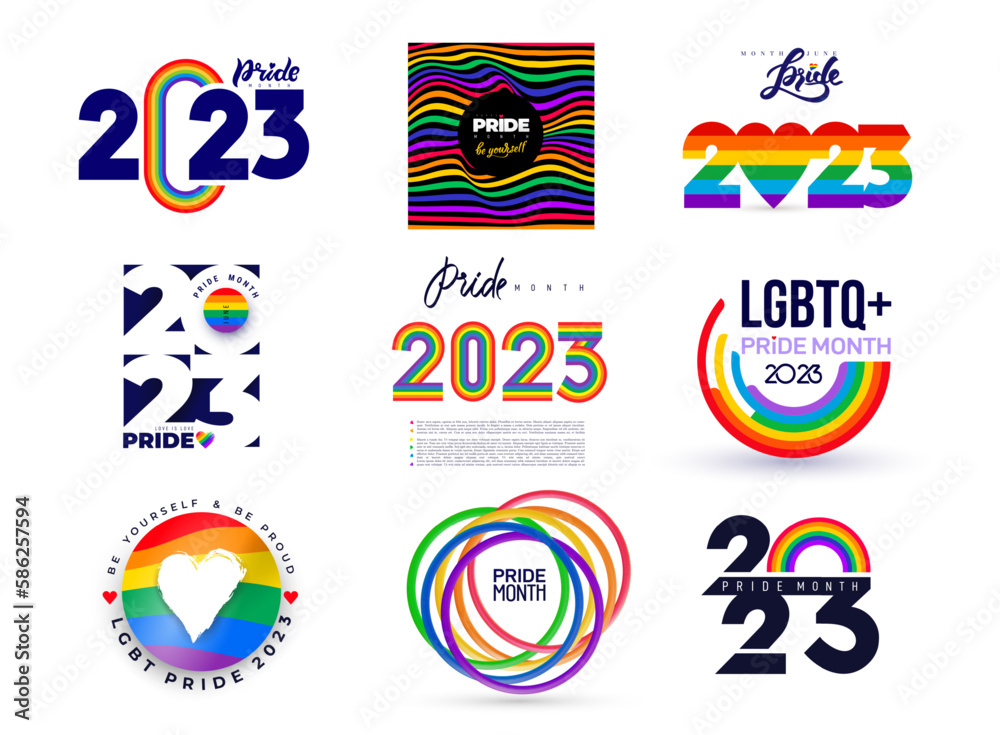 Set of greeting logo for LGBTQIA Pride 2023 Month. Social media post ...