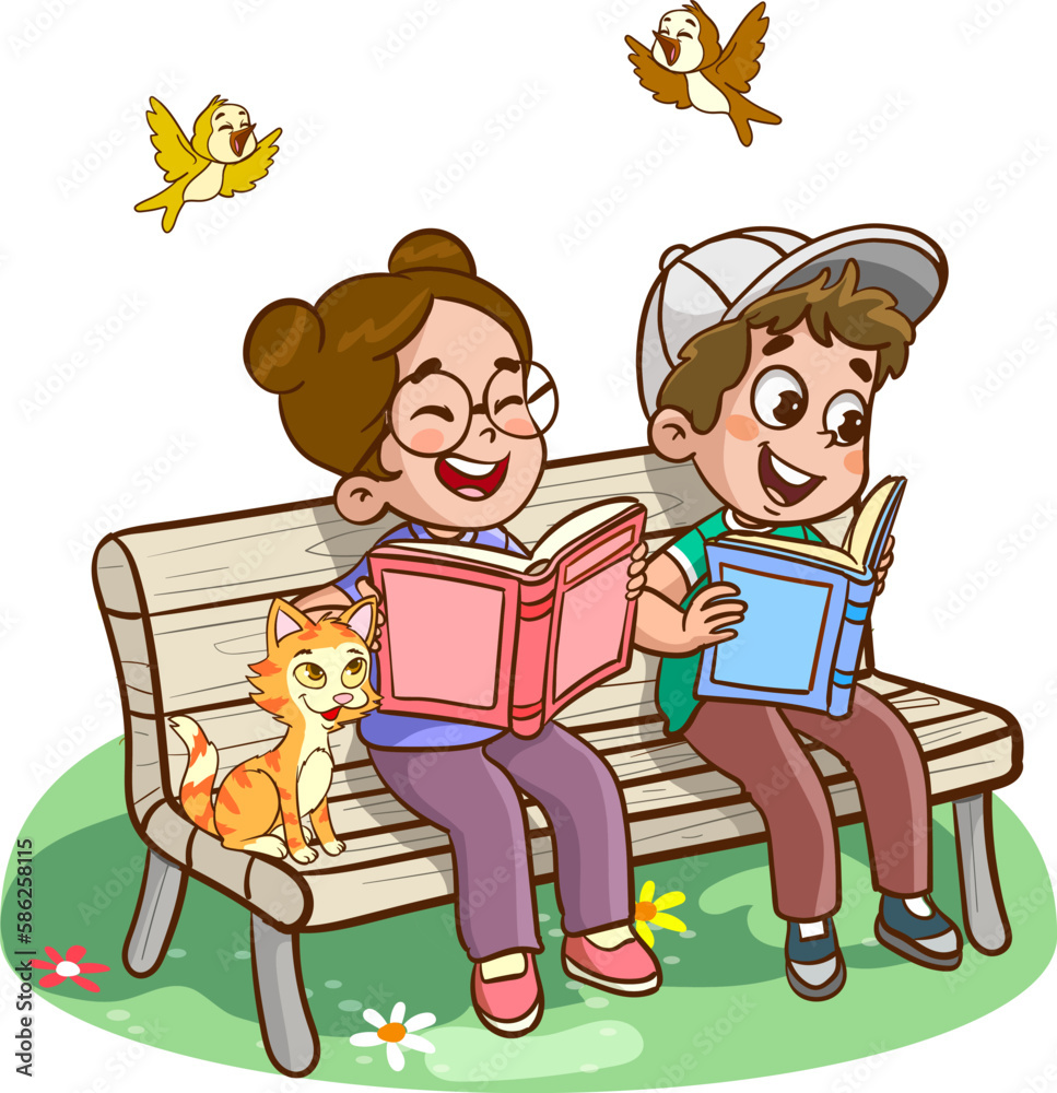 Children learn from books. Boy and girl reading fairy tales together ...