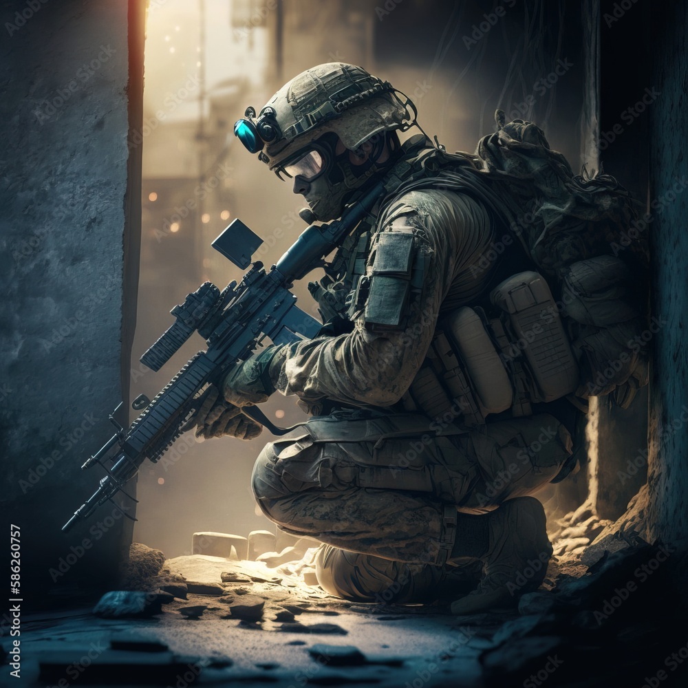 Army soldier in combat uniform with assault rifle, plate carrier and ...