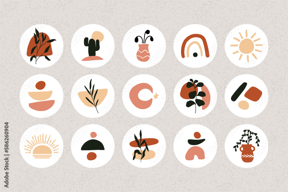 Boho story highlight icons. Abstract scribble shapes doodle branches ...