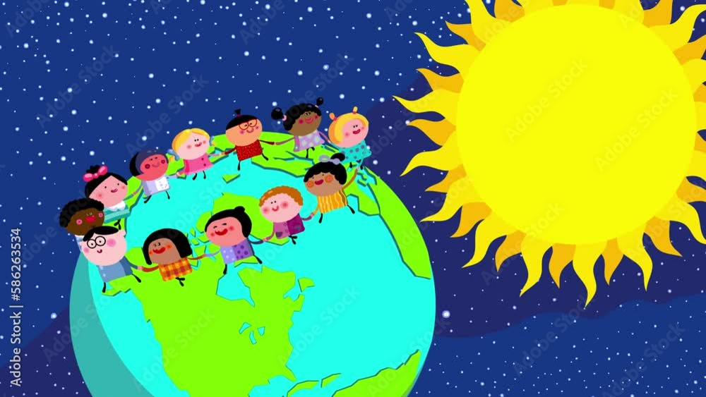 Children different nations dancing on rotating earth in sunshine. They ...