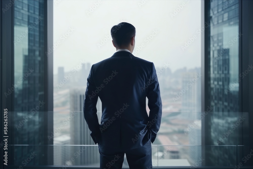 A businessman looks out the office window from a back view made with ...