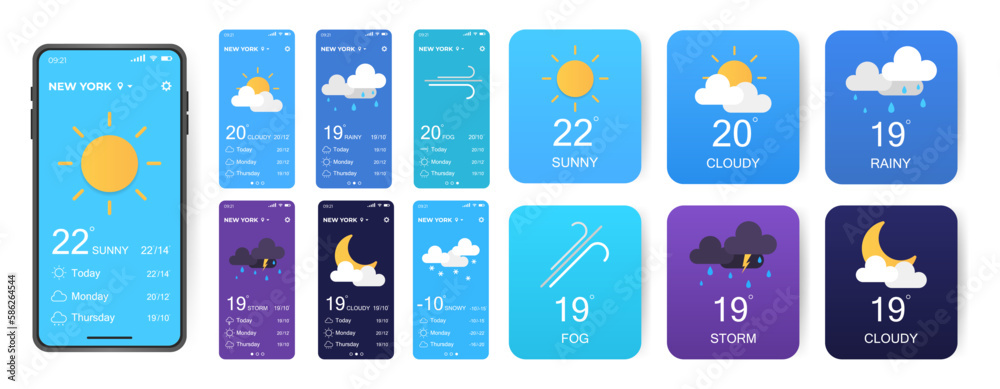 Mobile weather app interface design. GUI elements for weather forecast ...