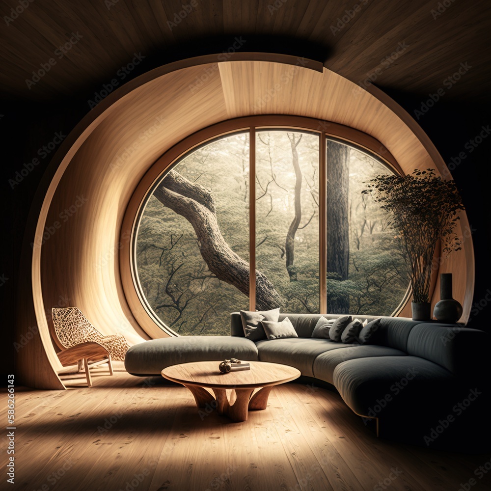 interior design, area of the house with a round window showing the view ...