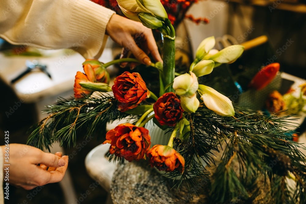 Women working at a flower shop. DIY of how to make a bouquet. Floral ...