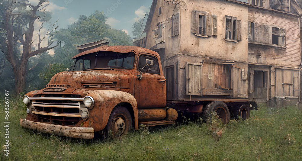 rust old flatbed truck parked in front of abandon house. background ...
