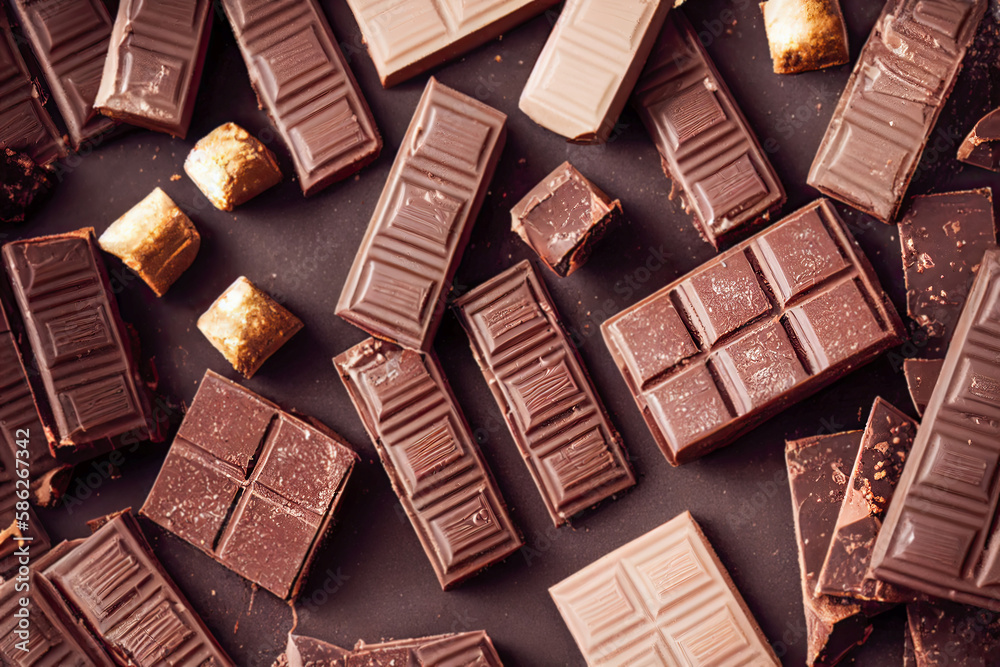 Composition various pieces of chocolate bars scattered table, creating ...