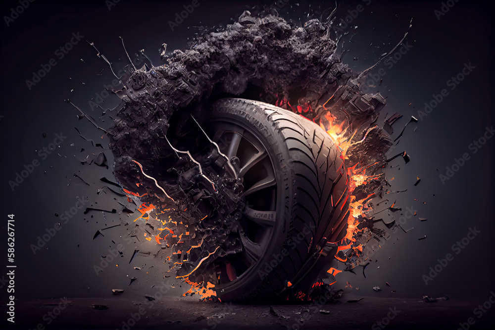 A tire and a black cast disc for a car, a black modern designer wheel ...