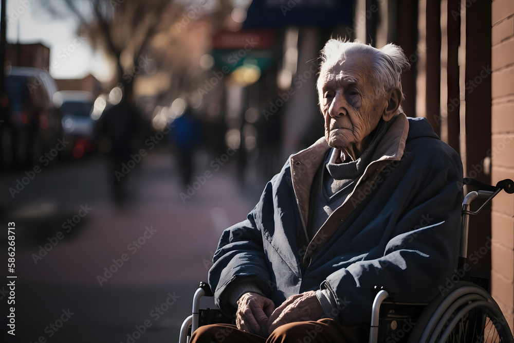 Old sad senior man in wheelchair on autumn road. Concept Depression in ...