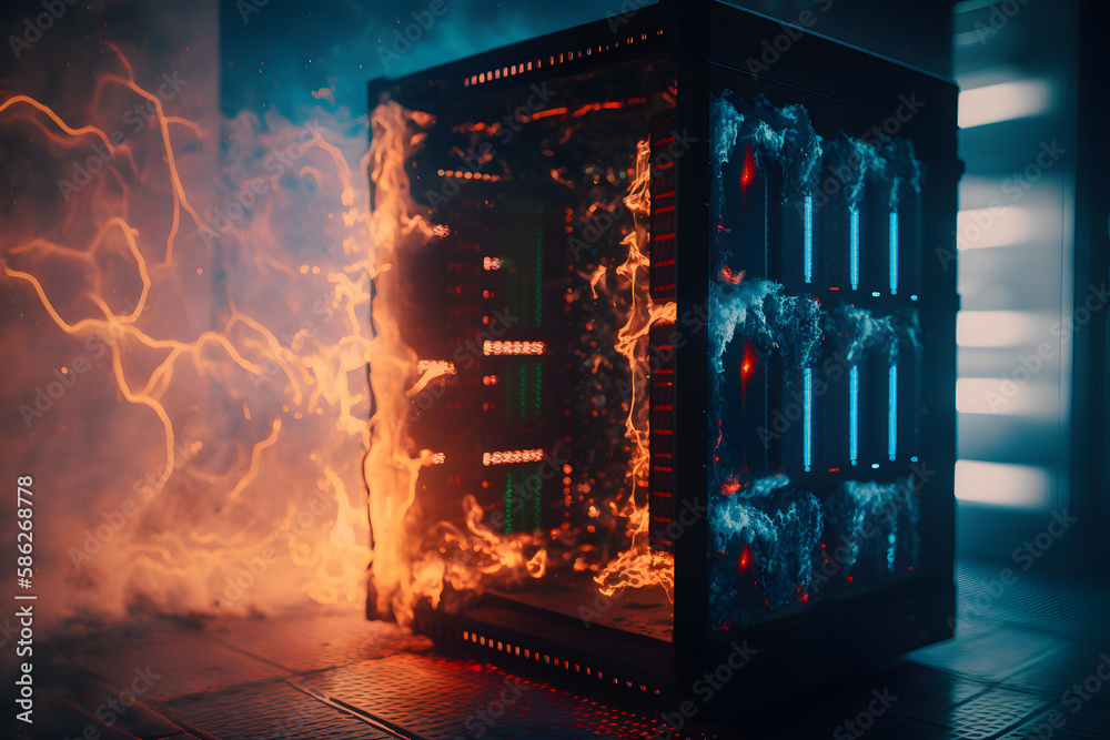 Burning server room. Data center supercomputer technology in fire ...
