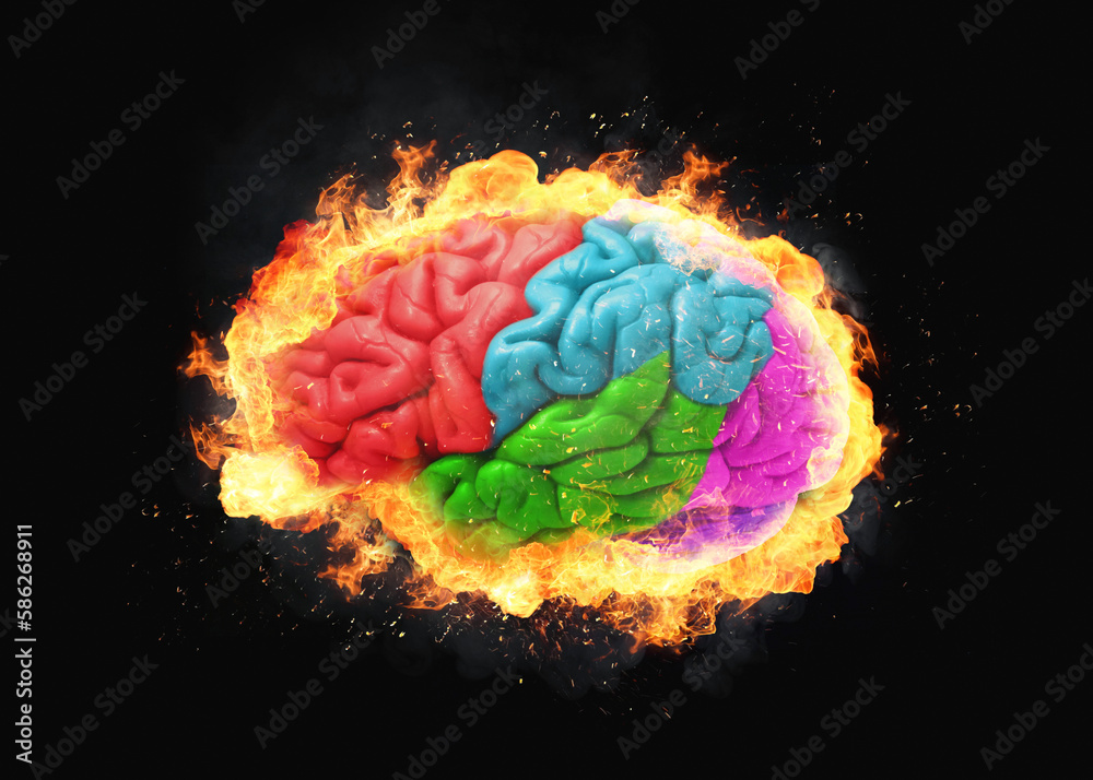 Foto de Burning brain with fire, sparks and smoke. Brain explosion ...