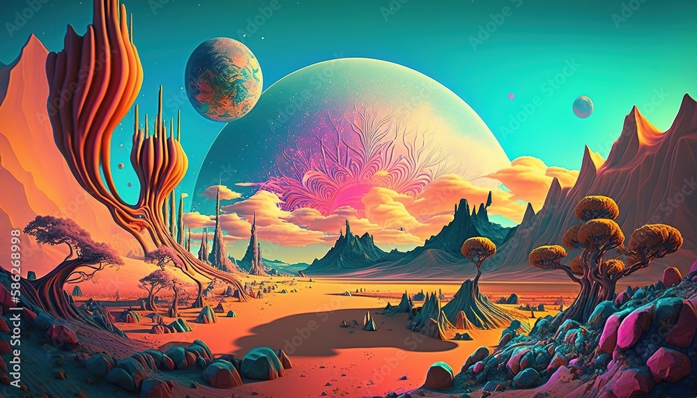 Generative AI, Alien planet landscape. Psychedelic Space banner ...