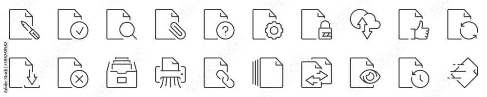 Files and documents flow, thin line icon set. Symbol collection in ...