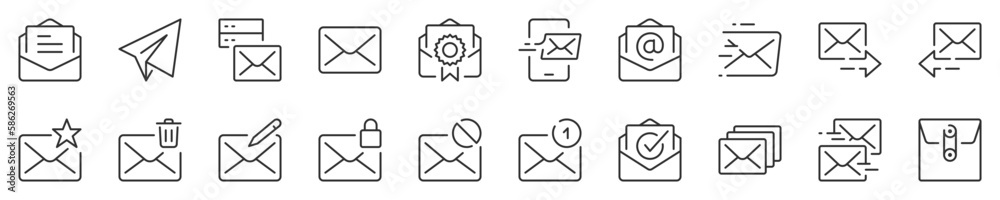 Mail and email concepts thin line icon set. Symbol collection in ...