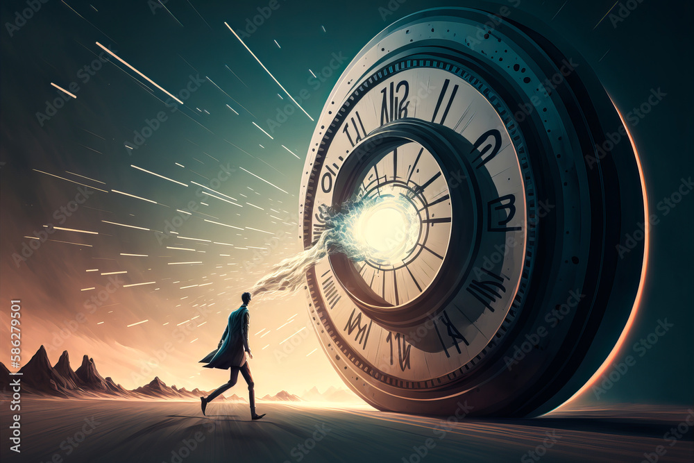 Time traveling person with wormhole or machine in the background ...