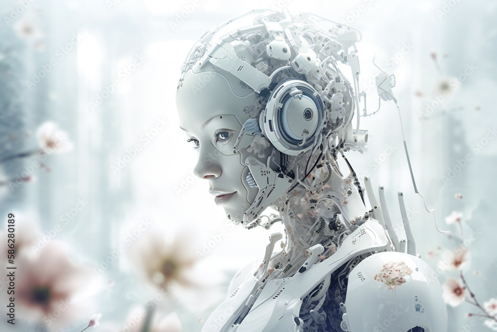 Illustration of a beautiful female white android head. Robotic and ...