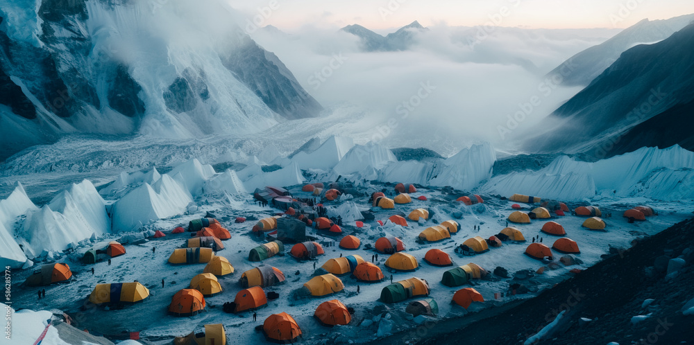 An aerial view of the Base Camp, with colorful tents spread out across ...